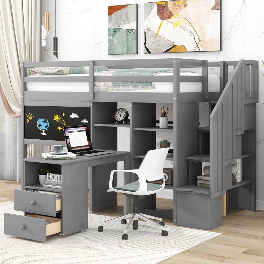 Harper & Bright Designs Gray Twin Size Loft Bed with Blackboard ...