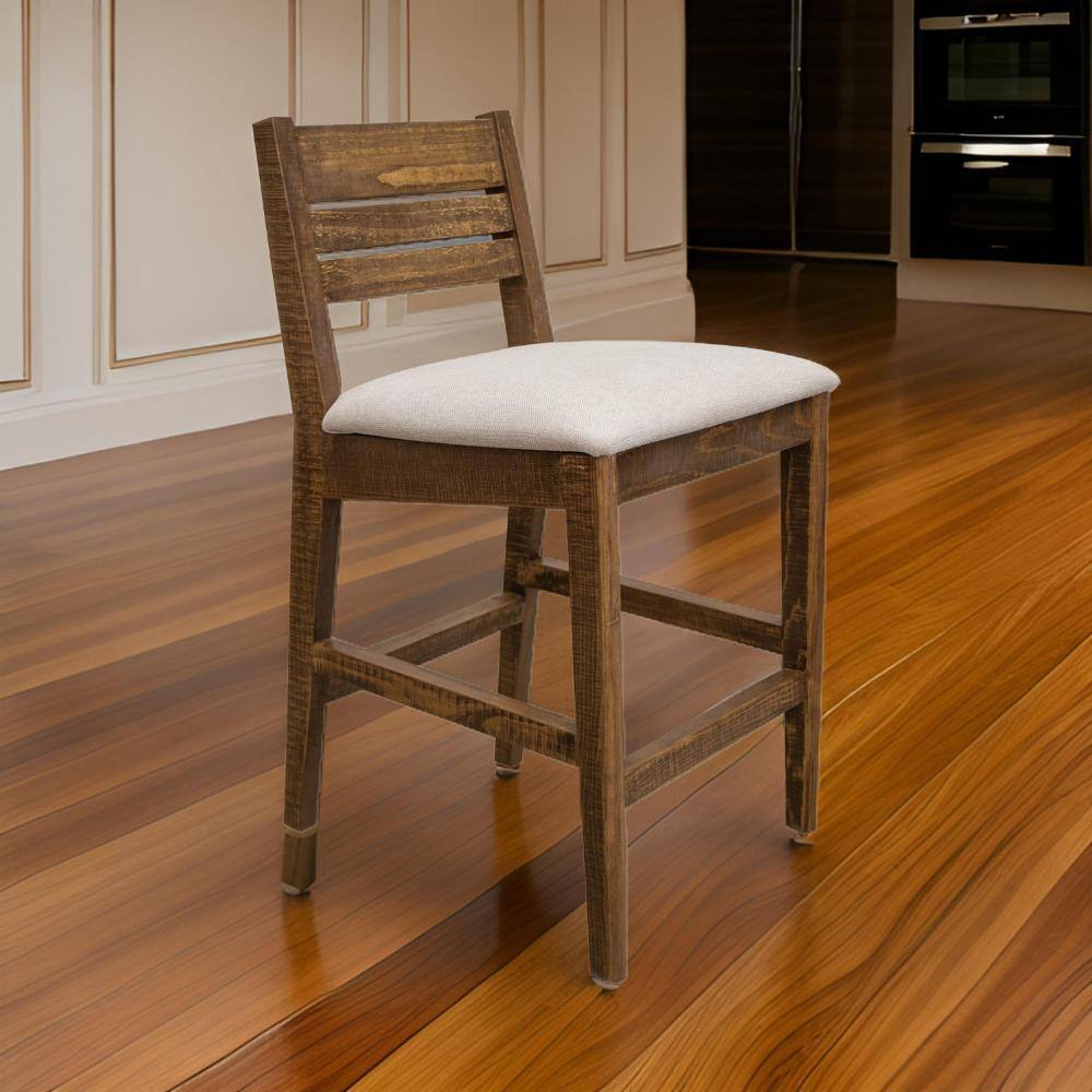 Benjara 30 in. Brown and Beige Low Back Wood Frame Bar Stool with ...