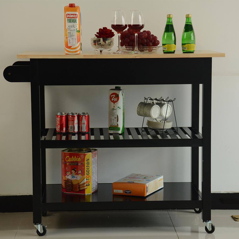 Tileon Black Frame Kitchen Cart with Wood Natural Top and Large Drawer ...