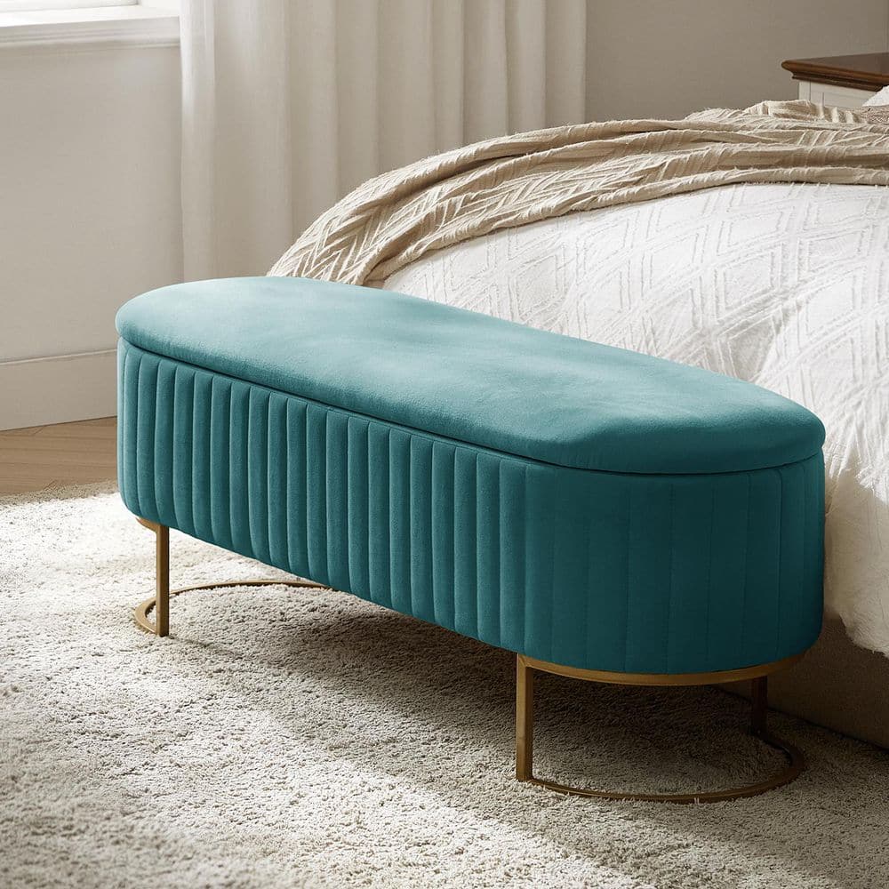 JAYDEN CREATION Drotar Teal Modern Storage Bench with Metal Base 50.5 ...