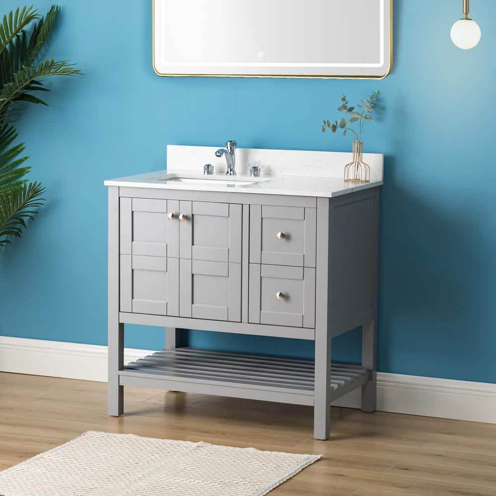 Zeus & Ruta 36 in. W x 22 in. D x 35.6 in. H Freestanding Bath Vanity in Gray with White Marble ...