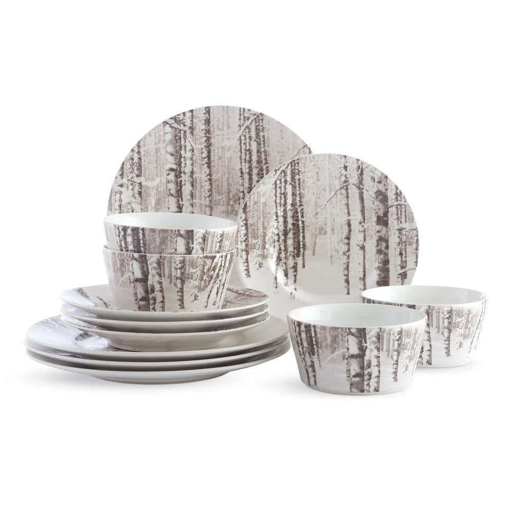 222 Fifth 12-Piece Snow Forest Gray Porcelain Dinnerware Set (Service ...