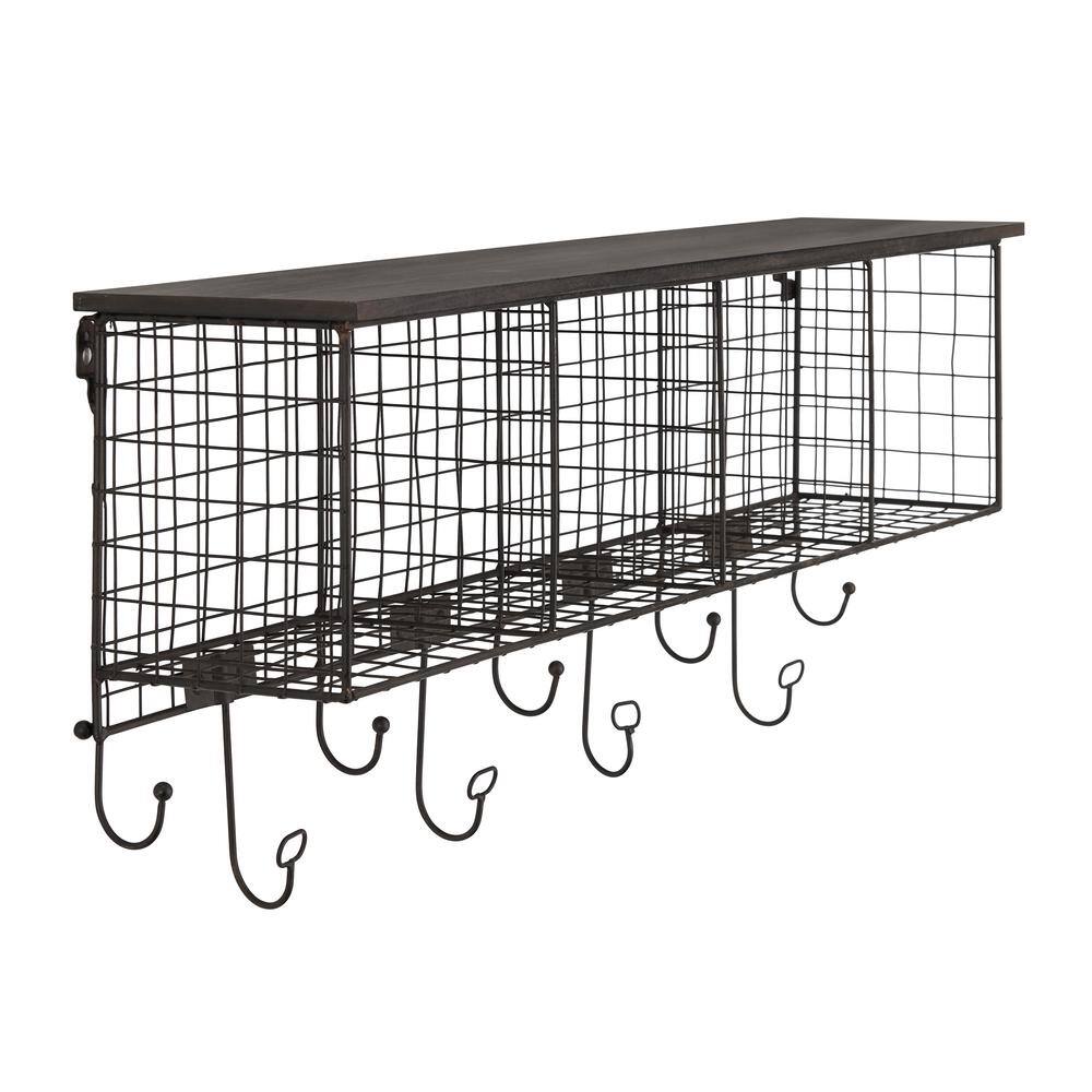 Linon Home Decor Decorah Black Metal 4-Cubby Wall Shelf with 9 Hooks ...