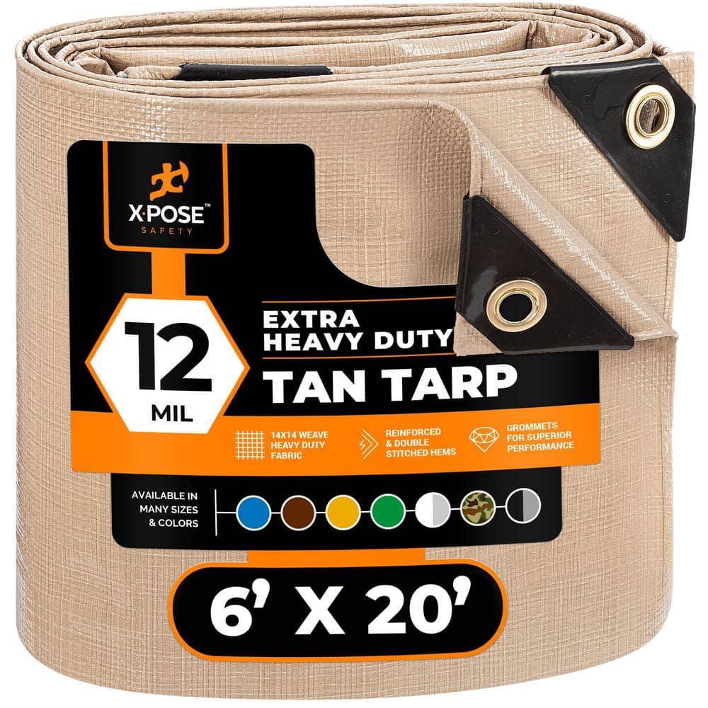 XPOSE SAFETY Heavy Duty Tan Poly Tarp 6 ft. X 20 ft. Multipurpose ...