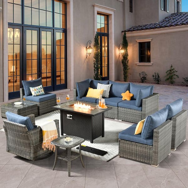 Daffodil C Gray 10 Piece Wicker Patio Fire Pit Conversation Sofa Set with Swivel Rocking Chairs and Denim Blue Cushions