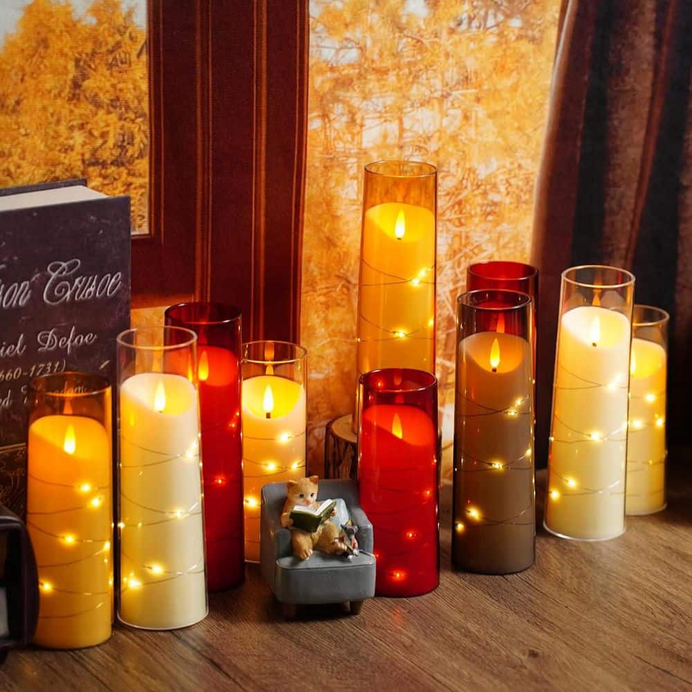 7 Pack Grey Flameless LED Pillar Candles: Embedded String Lights ...