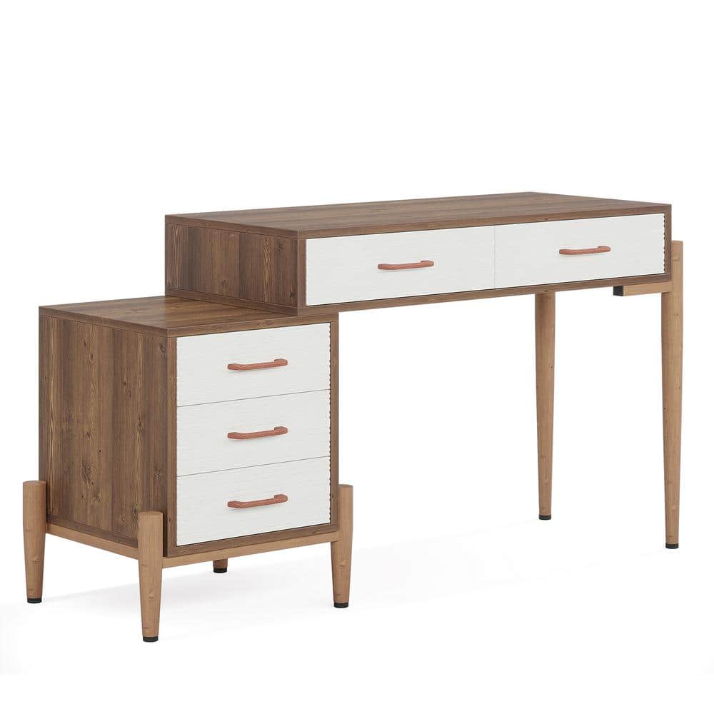 BYBLIGHT 39.4 in. Rectangular White and Wood 5-Drawer Computer Desk ...