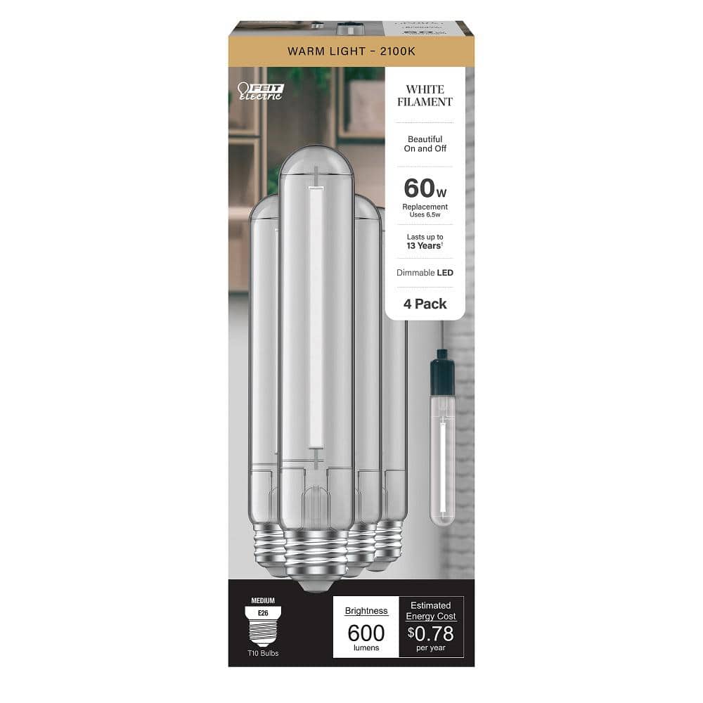 Feit Electric 60-Watt Equivalent T10L Dimmable Straight White Filament ...