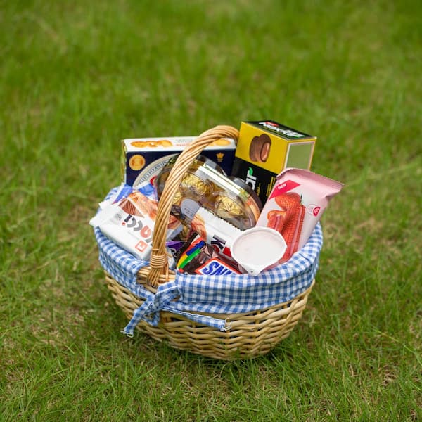 WICKERWISE Picnic Basket with Handle and Washable Plaid Liner Ideal for Outdoor Picnics Photoshoots and Home Decor Small Blue QI004718.S