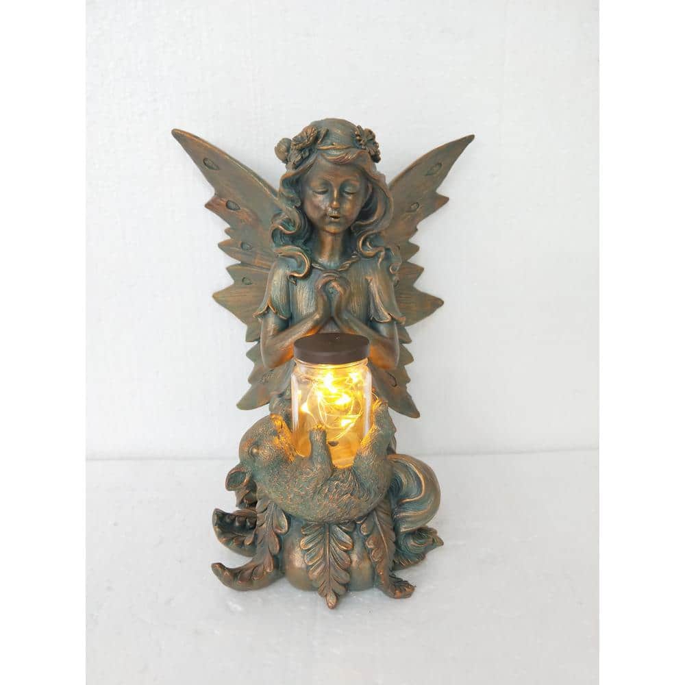 Fairy Sitting with Light in Jar - Solar LEDs -Bronze Garden Statue ...