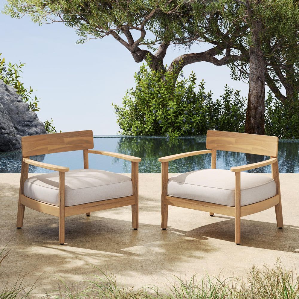 CHRISTOPHER KNIGHT HOME Kingston Teak Finish Acacia Wood Patio Outdoor Lounge Chair with Beige ...