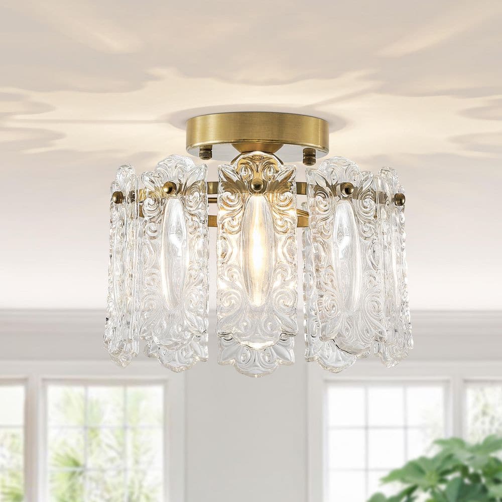 TinHon Modern Brass Glass Flush Mount Ceiling Light with Clear Textured ...