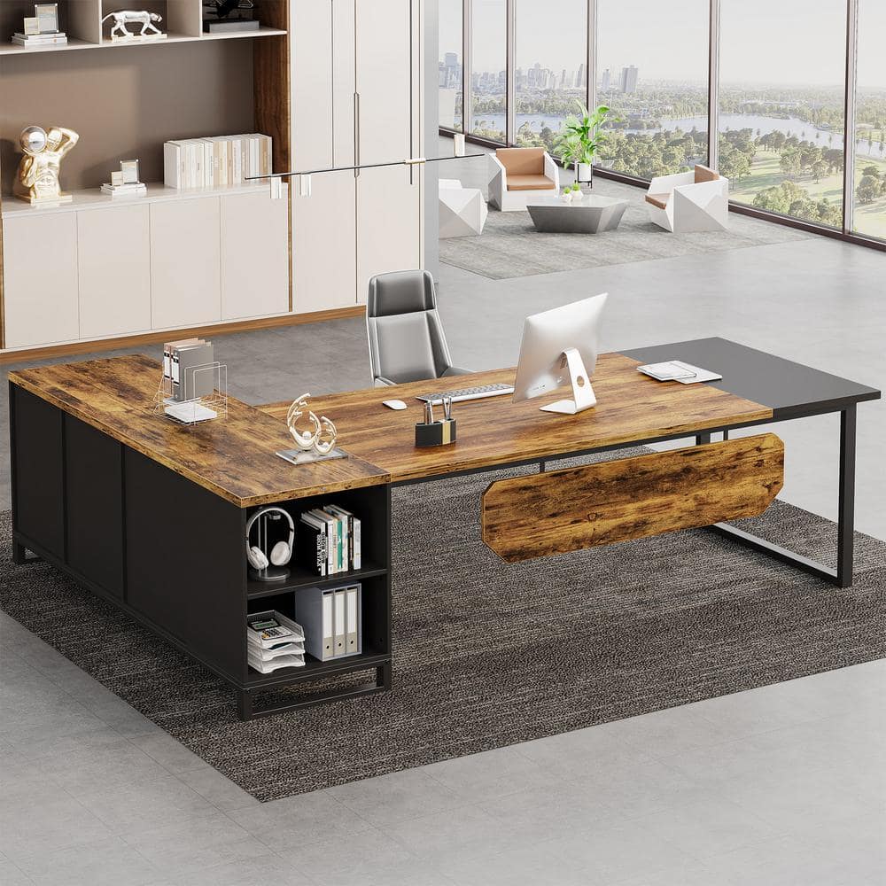 BYBLIGHT Capen 70.8 in. L Shaped Brown Wood Executive Desk with 55 in ...