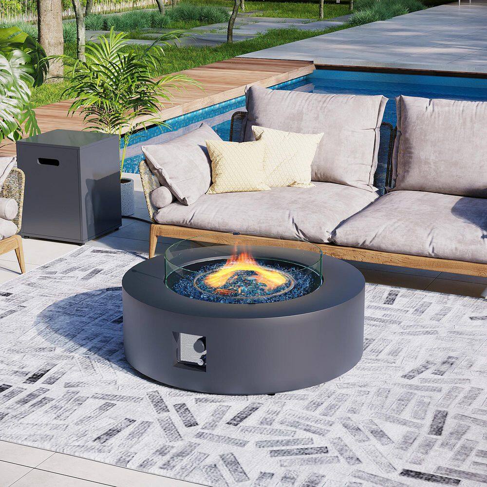 UPHA 42 in. Round Iron Outdoor Dark Gray Fire Pit Table with Propane ...