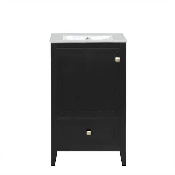 LuckByte 20 in. Black Wood Rectangle Vessel Sink Bathroom Vanity Combo ...