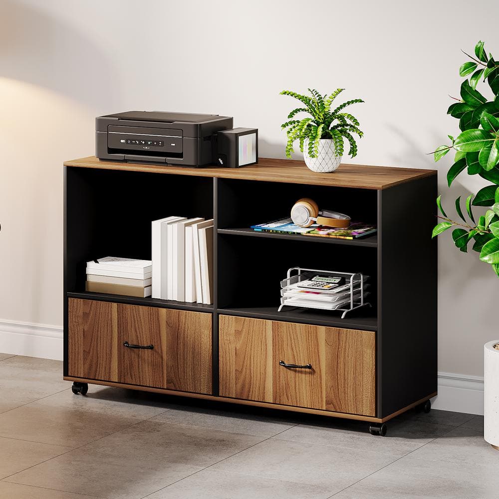 BYBLIGHT Atencio 2-Drawer Brown, Black Wood 39.37 in. W Lateral Mobile ...