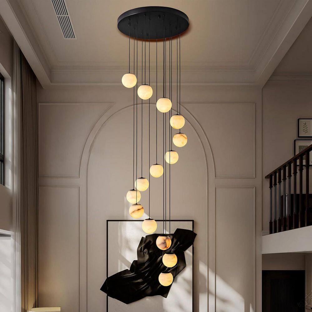 Gleam Flare Modern 138 in. H 14-Light Black Globe Staircase Chandelier ...