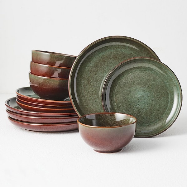 Wudkey 12-Piece Brown Reactive Glaze Ceramic Dinnerware Set, Handmade ...