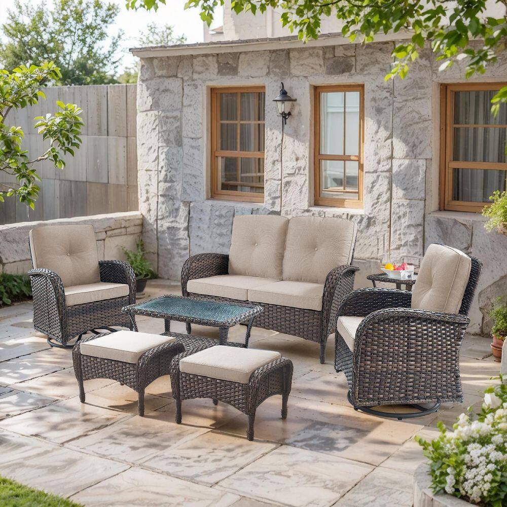 moosprr SleekArm 7-Piece Brown Wicker Patio Conversation Set with ...