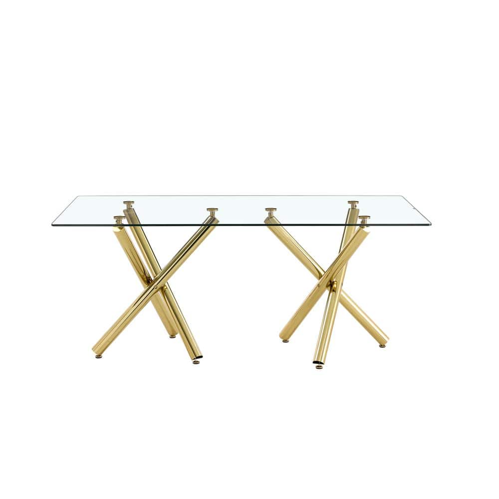 Polibi Large Modern Rectangular Clear Glass Dining Table 71 in. Golden ...