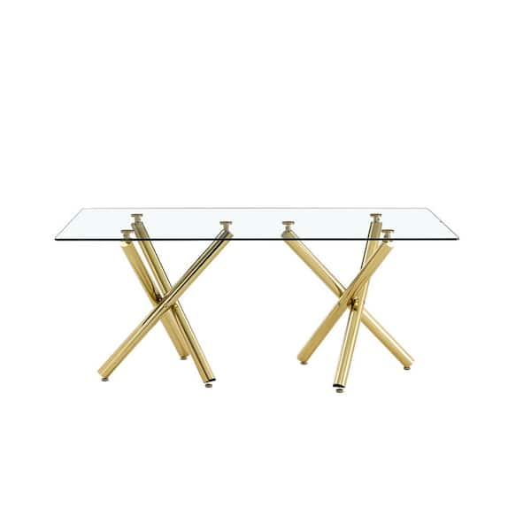 Polibi Large Modern Rectangular Clear Glass Dining Table 71 in. Golden ...