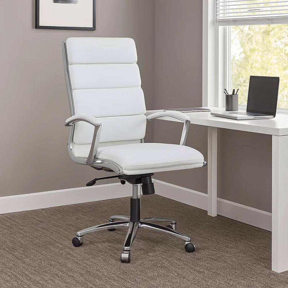 Benjara Dave Vinyl Swivel Executive Chair in White and Chrome with Arms ...