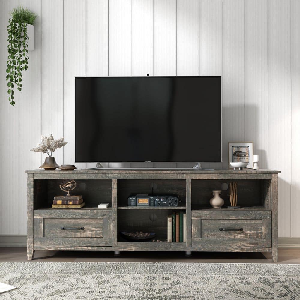 Boyel Living Black Pine 70 in. Length TV Stand with 2-Drawers and 4 ...