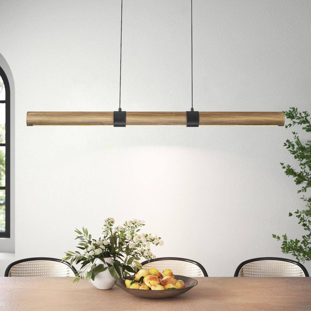 Rennnsan Leon 1-Light Brown Farmhouse Wood Dimmable LED Linear Pendant ...