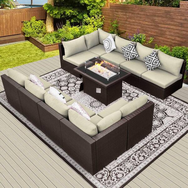 FINCATI Eden 11-Piece Outdoor Brown Rattan Wicker Deep Seating Patio ...