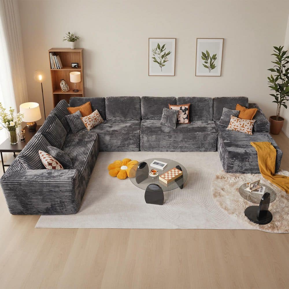 Allwex VA 221 in. Wide Arm 4-Piece Modern Plush Corduroy Fabric U-Shape ...