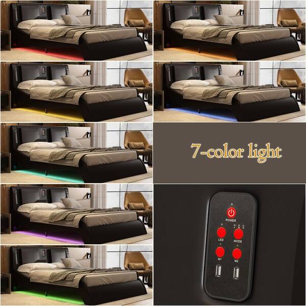 FUFU GAGA Black Wood Frame Queen Size Bed Panel Bed Massage Upholstered Headboard Variable LED Light USB Bluetooth Speaker KF330106 01 c The Home Depot