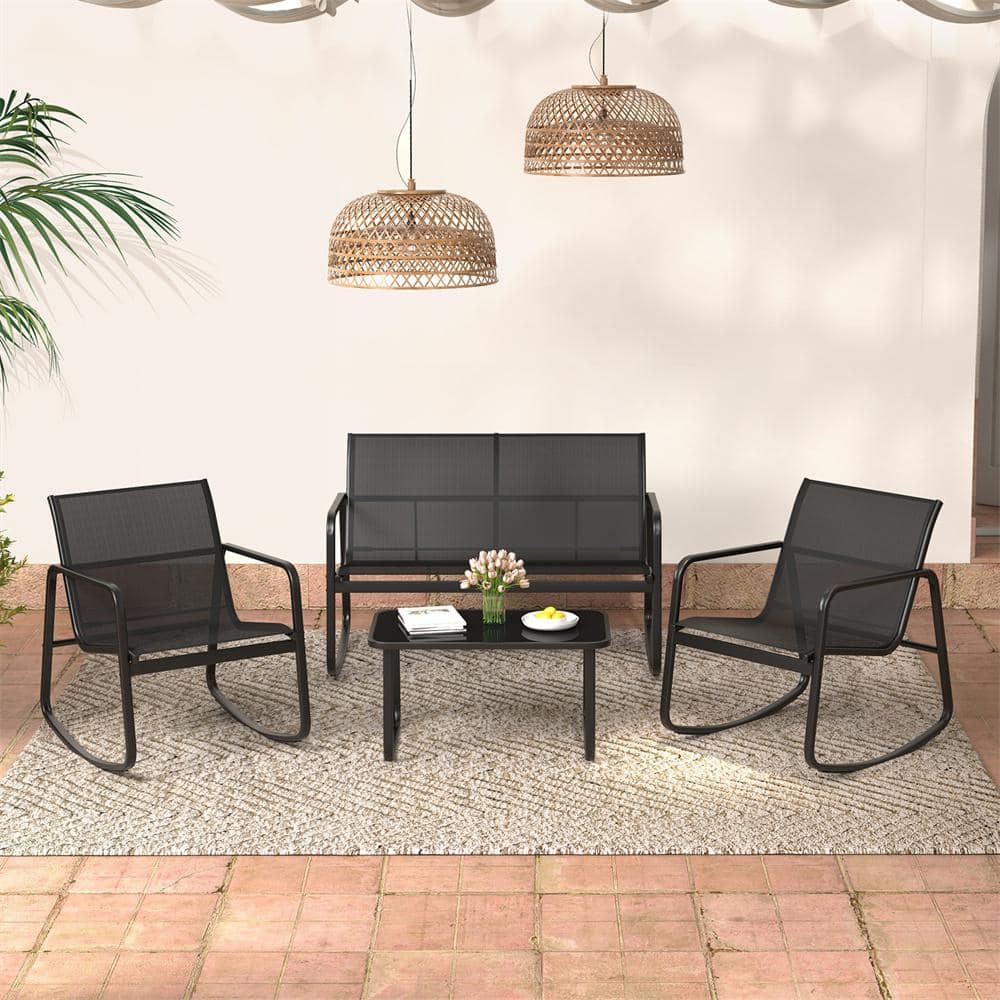 Costway 4-Piece Metal Patio Conversation Rocking Set with Glass-Top ...