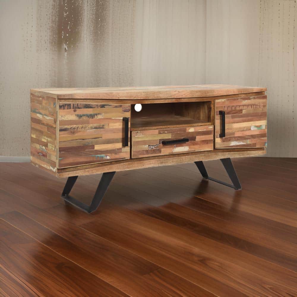 Benjara Natural Brown and Black TV Stand Fits TVs up to 46 to 51 in ...