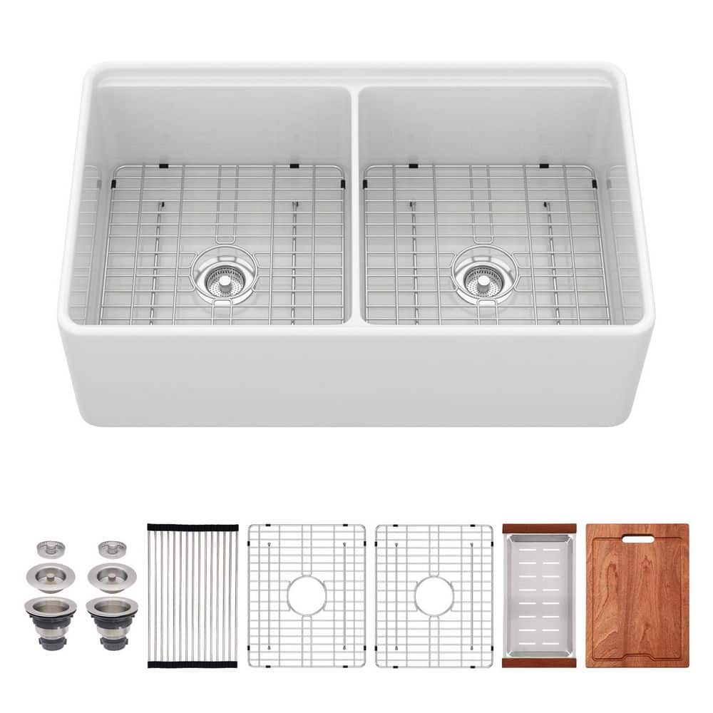 TCYO 33 in. Farmhouse Double Bowl White Ceramic Kitchen Sink with ...