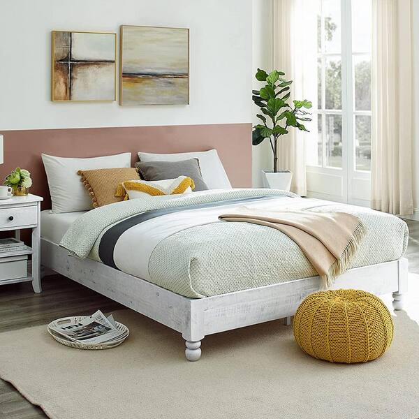 MUSEHOMEINC White King Platform Bed Solid Pine Frame BF1002WK The Home Depot