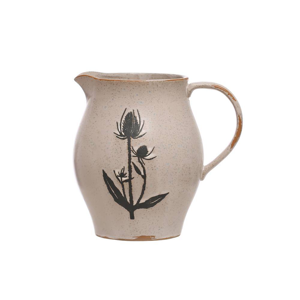 Storied Home 50 fl.oz White & Black Stoneware Pitcher with Flower ...
