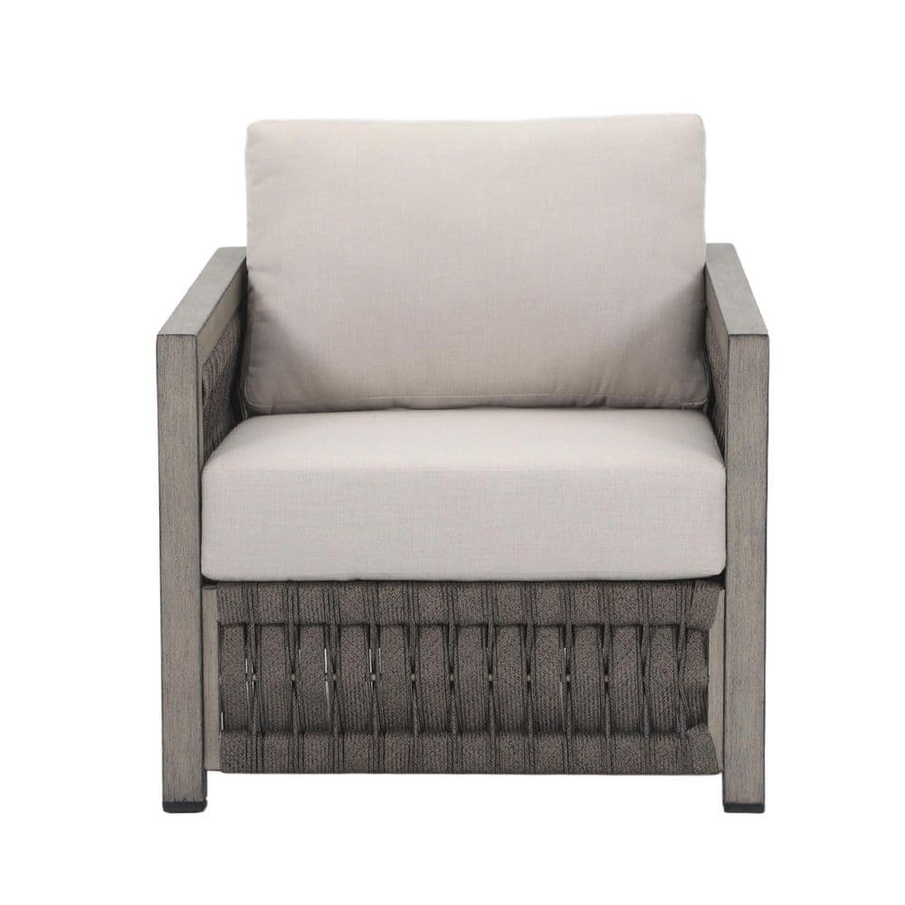 Zeus & Ruta Gray Aluminum and Wicker Outdoor Couch with Beige Cushions for Patio, Porch, Garden ...