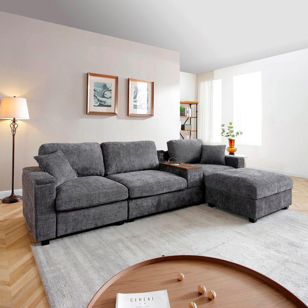 Noble House Eile 120.3 in. Linen Rectangle Sectional Sofa in. Grey with ...