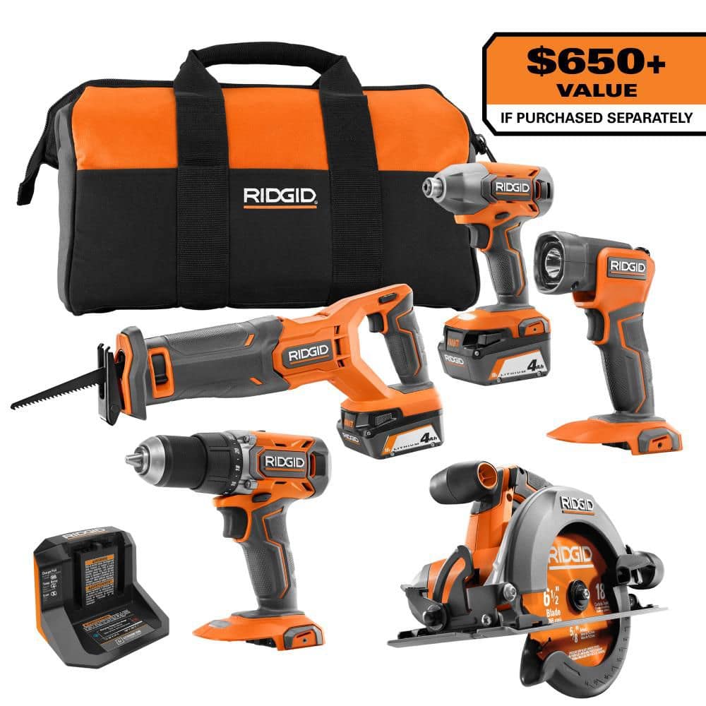 RIDGID 18V Cordless 5-Tool Combo Kit with (2) 4.0 Ah Batteries, Charger ...