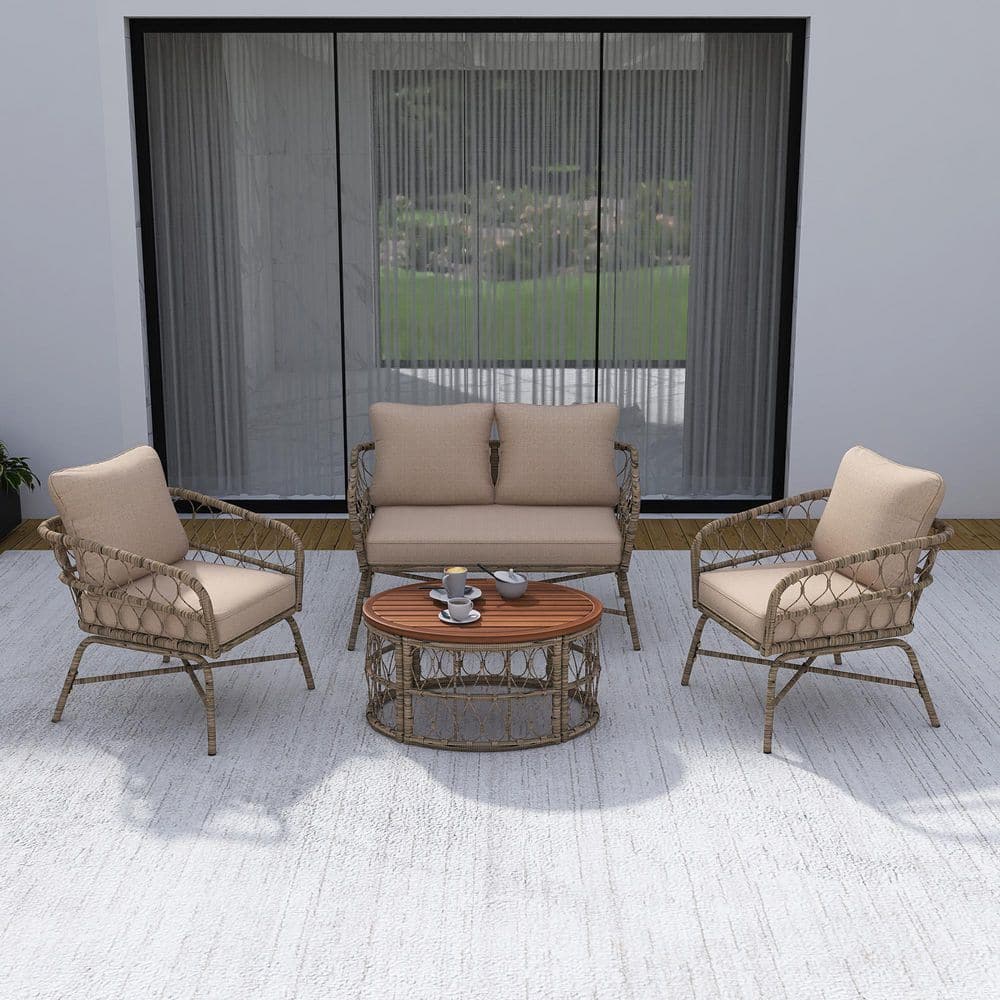 Boosicavelly 4-Piece Wicker Patio Conversation Set with Wood Tabletop ...