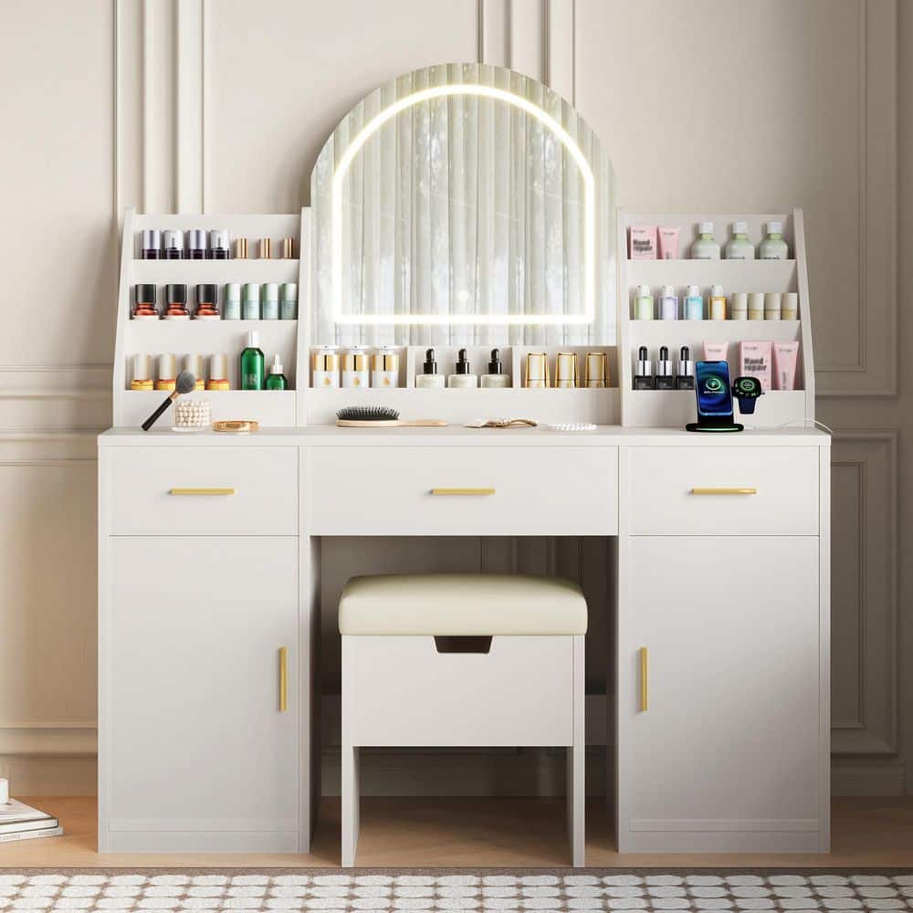 Harper & Bright Designs 2-Piece White Makeup Vanity Set with Stool ...
