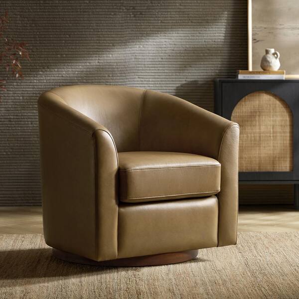 JAYDEN CREATION Teeny Taupe Modern Genuine Leather Swivel Barrel Chair ...
