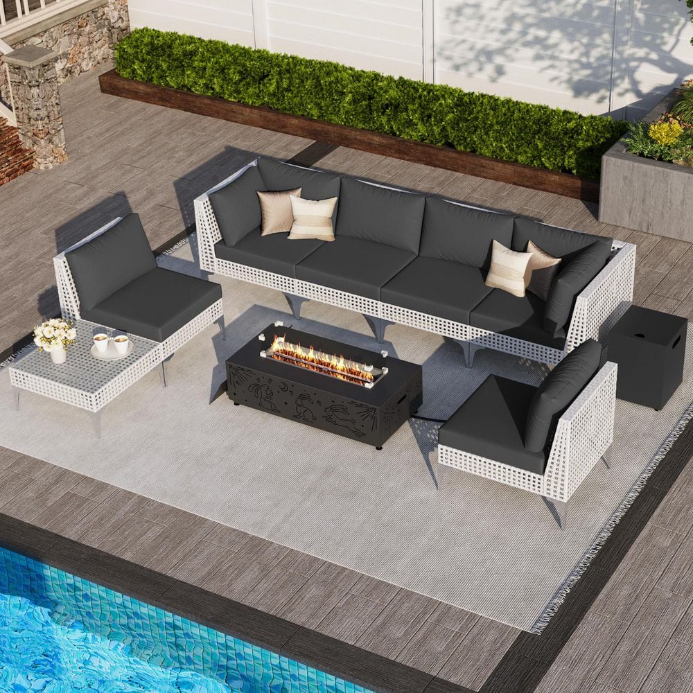 9-Piece Outdoor Fire Pit Patio Set Conversation Set with LED Fire Pit ...