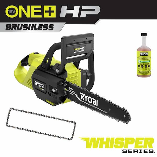 RYOBI ONE HP 18V Brushless Whisper Series 12 in. Electric Battery Chainsaw Tool Only with Extra Chain Bar and Chain Oil P2507BTL RY12C11 RYBIO24 The Home Depot