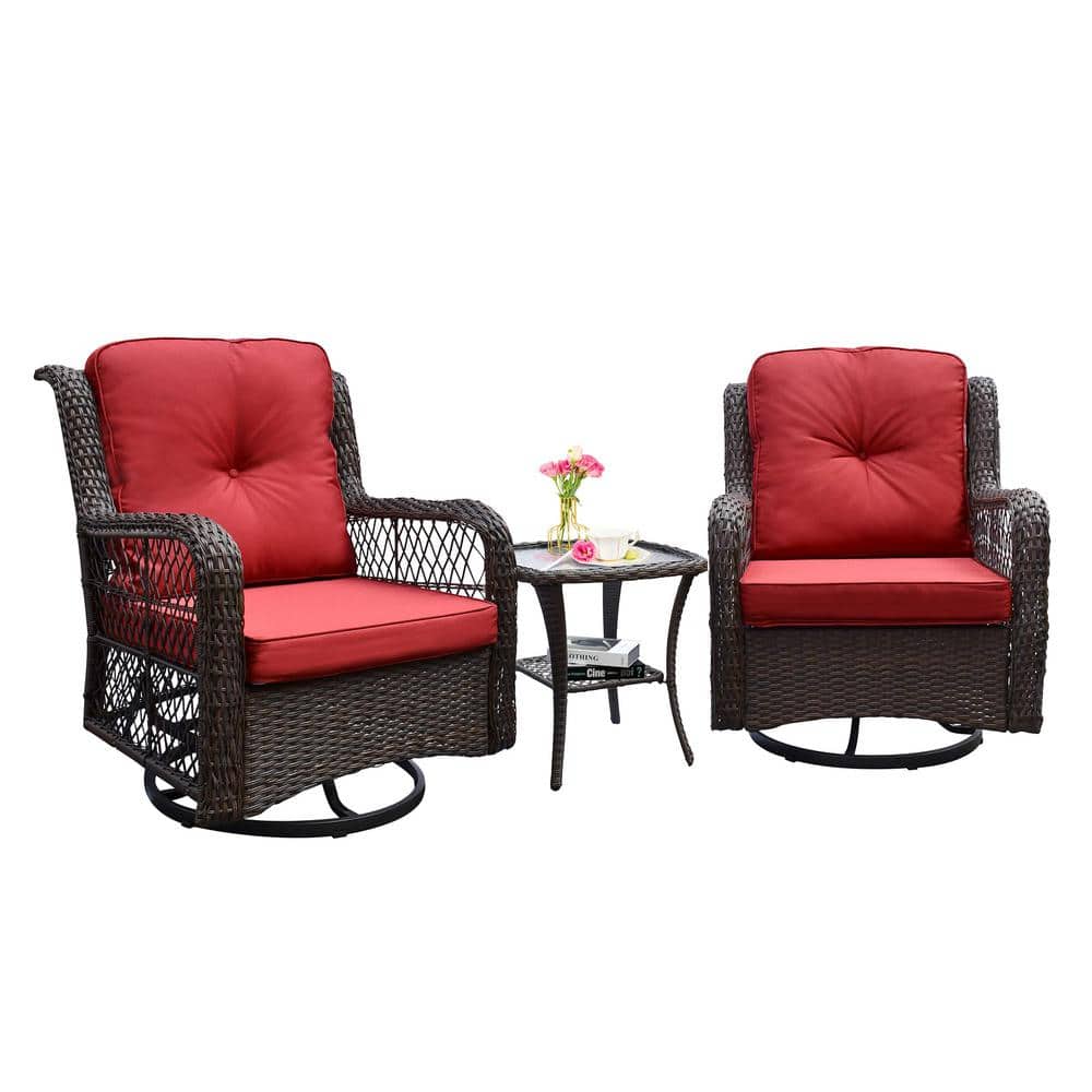 Sudzendf 3-Piece Wicker Patio Swivel Rocker Outdoor Bistro Set with Red ...