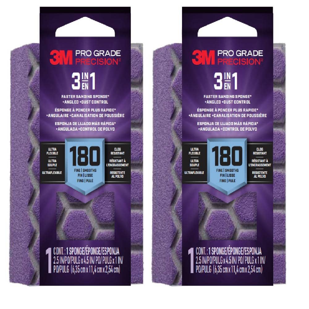 3M Pro Grade Precision 2.5 in x 4.5 in. x 1 in. Medium 180 Grit 3-in-1 Sanding Sponge (1-Pack ...