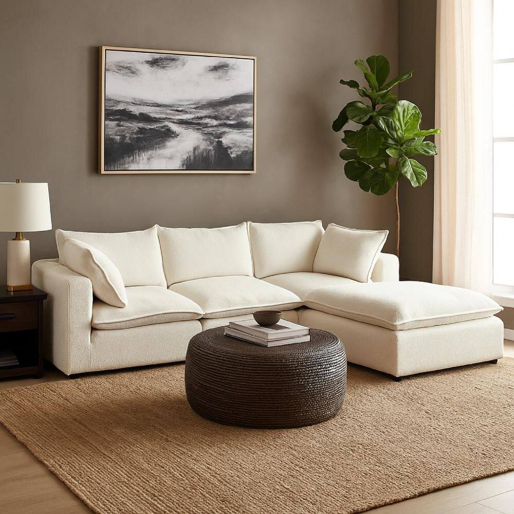 Benjara 106 in. Square Arms Polyester L Shaped Sectional Sofa in Ivory ...