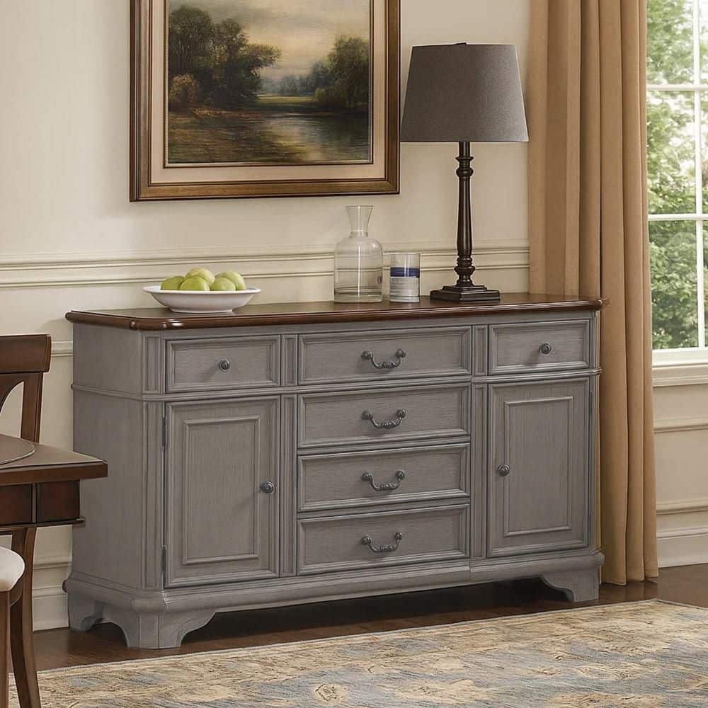 Benjara Gray and Cherry Brown Wood 60 in. Sideboard Buffet Console with ...