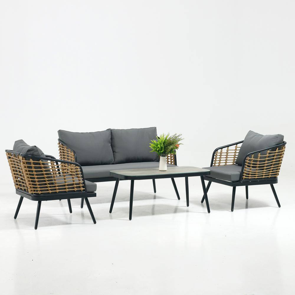 4-Piece PE Rattan Wicker Patio Conversation Set with Cushions in Grey ...