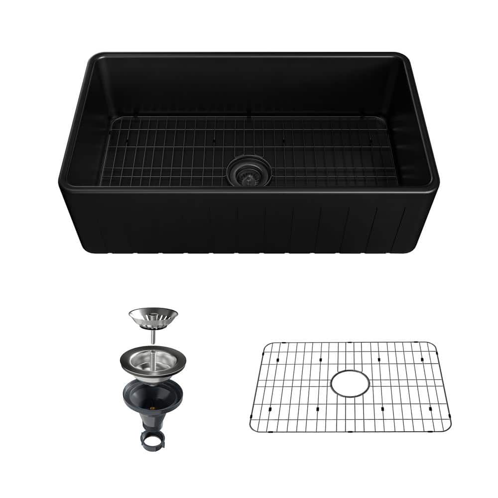 VANITYFUS 33 in. Undermount Farmhouse Single Bowl Black Fine Fireclay ...